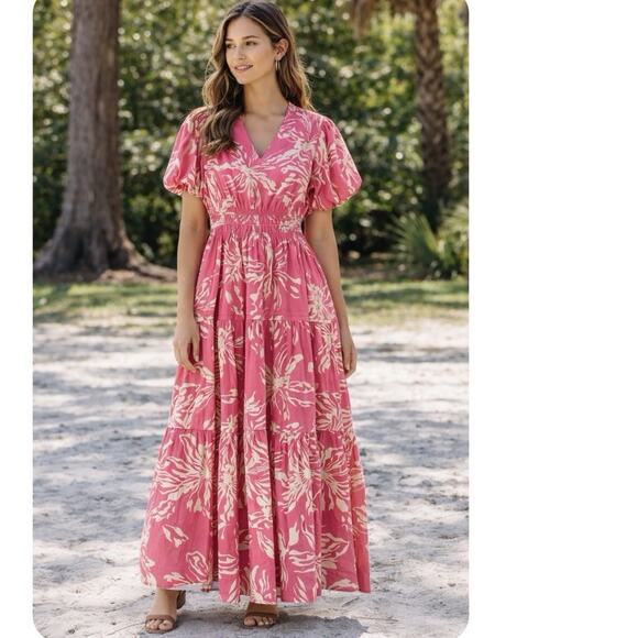 JODIFL | Dresses | Jodifl Pink Floral Maxi Dress Puff Sleeve Sz Small ...